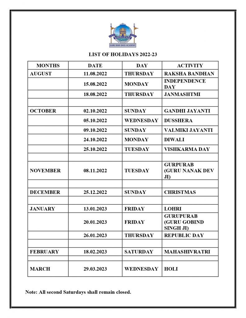 Academic Calendar Of School GRD Academy Academic Calendar Of School GRD Academy
